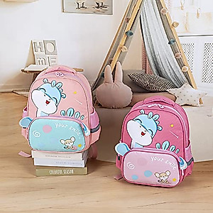 LESNIC Pink Preschool Backpack for Boys & Girls, 37 * 30 * 12cm Backpack Kindergarten Age 3-8 Dinosaur Backpack, School Bag with Front Zip Pocket