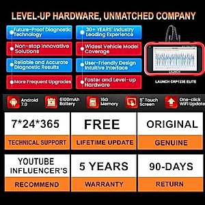 LAUNCH OBD2 Scanner CRP123E Elite, Lifetime Free WiFi Update Scan Tool, FCA Autoauth, SAS Calibration/Throttle Reset/Oil Reset Diagnostic Scanner, Multi Systems Car Scanner, Battery Test, Auto VIN
