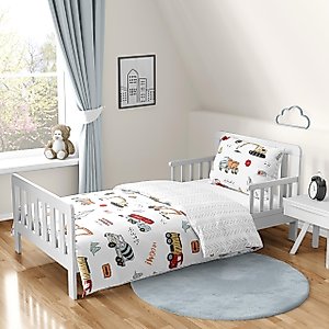 Sweet Jojo Designs Construction Truck Boy Toddler Kid Childrens Comforter Bedding Set - 5 Pieces Comforter, Sham and Sheets - Grey Yellow Orange Red and Blue Transportation Chevron Arrow