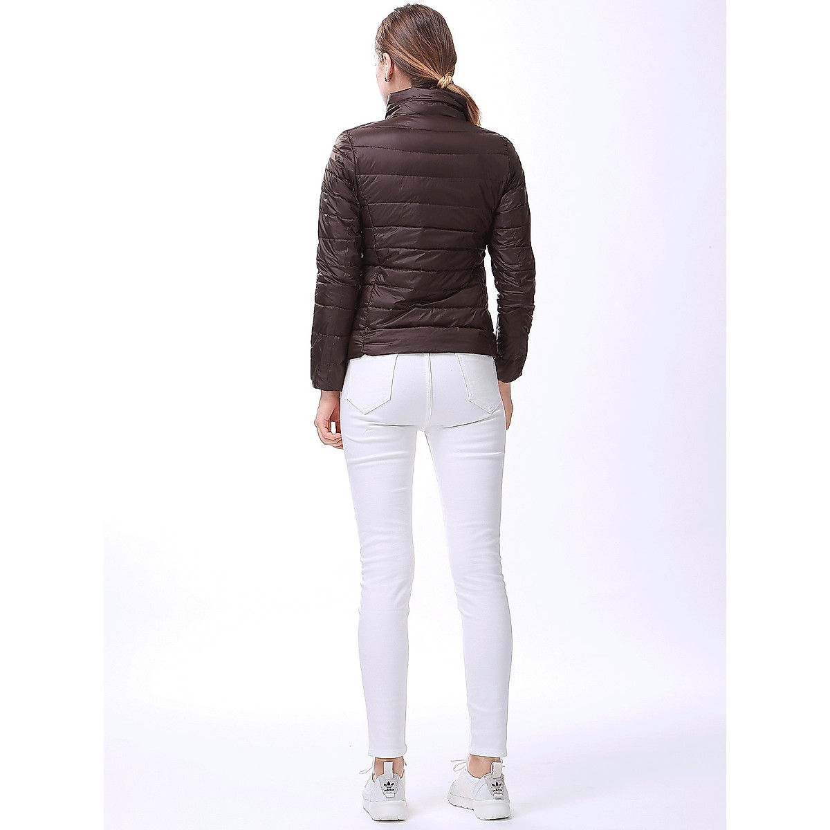 Miya Women's Packable Ultra light Weight Short Down Jacket Coat Stand collar-01Coffee Medium