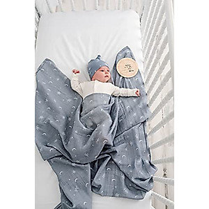Miaoberry 100% Organic Muslin Swaddle Set w Matching Hat/Bow| Moon Leaves in Haze Blue| Hospital Home-Coming Baby Announcement Blanket Gender Neutral for Boy n Girl