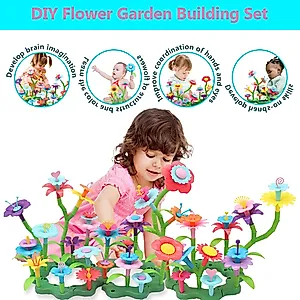 GrowFun DIY Flower Garden Building Kits Educational Activity Gifts Toys for Preschool Toddlers Pretend Play Birthday for Kids Age 3 4 5 6-136PCS