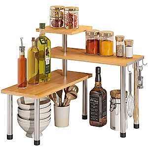 BMOSU Kitchen Corner Shelf Countertop Organizer with Hooks Adjustable Spice Rack Corner Display Rack Shelf Cabinet Counter Shelves(Bamboo)