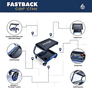 URBANTRANSIT FastBack Shop Stool - 350 Lb Capacity Rolling Stool for The Garage and Workshop, with Organizer Tray and Cupholder - 3 Inch Premium Casters - an Ideal Mechanics Stool or Workshop Stool