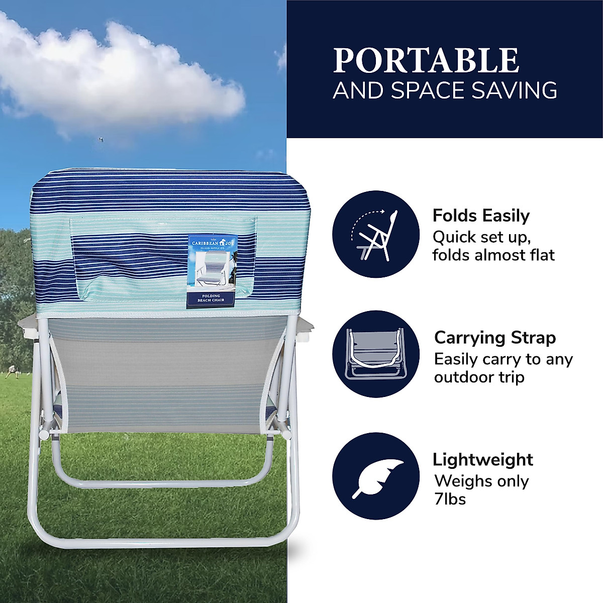 Caribbean Joe Folding Beach Chair, 1 Position Lightweight and Portable Foldable Outdoor Camping Chair with Carry Strap, Horizon Stripe