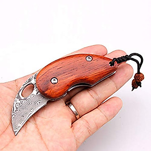 Samior Small Penguin Damascus Mini Karambit Folding Pocket Knife, 1.38" Claw VG10 Blade with Thumb Hole Open, Rosewood Handle with liner Lock and Lanyard Leather Sheath, 2.1oz