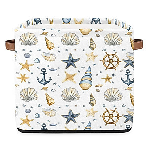 Tablerazzi Nautical Coastal Ocean Coral Cube Storage Bin, 13 Inch Collapsible Fabric Storage Cube Bin, Foldable Cube Baskets for Shelf, Closet, Organizer