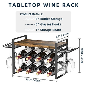 JAFUSI Wine Rack with Glass Holder, Countertop Wine Rack Metal Frame, Wine Holder Stand with Wooden Tray, Bottles Rack for Home Decor Kitchen Storage (Hold 12 Bottles and 4-6 Glasses)