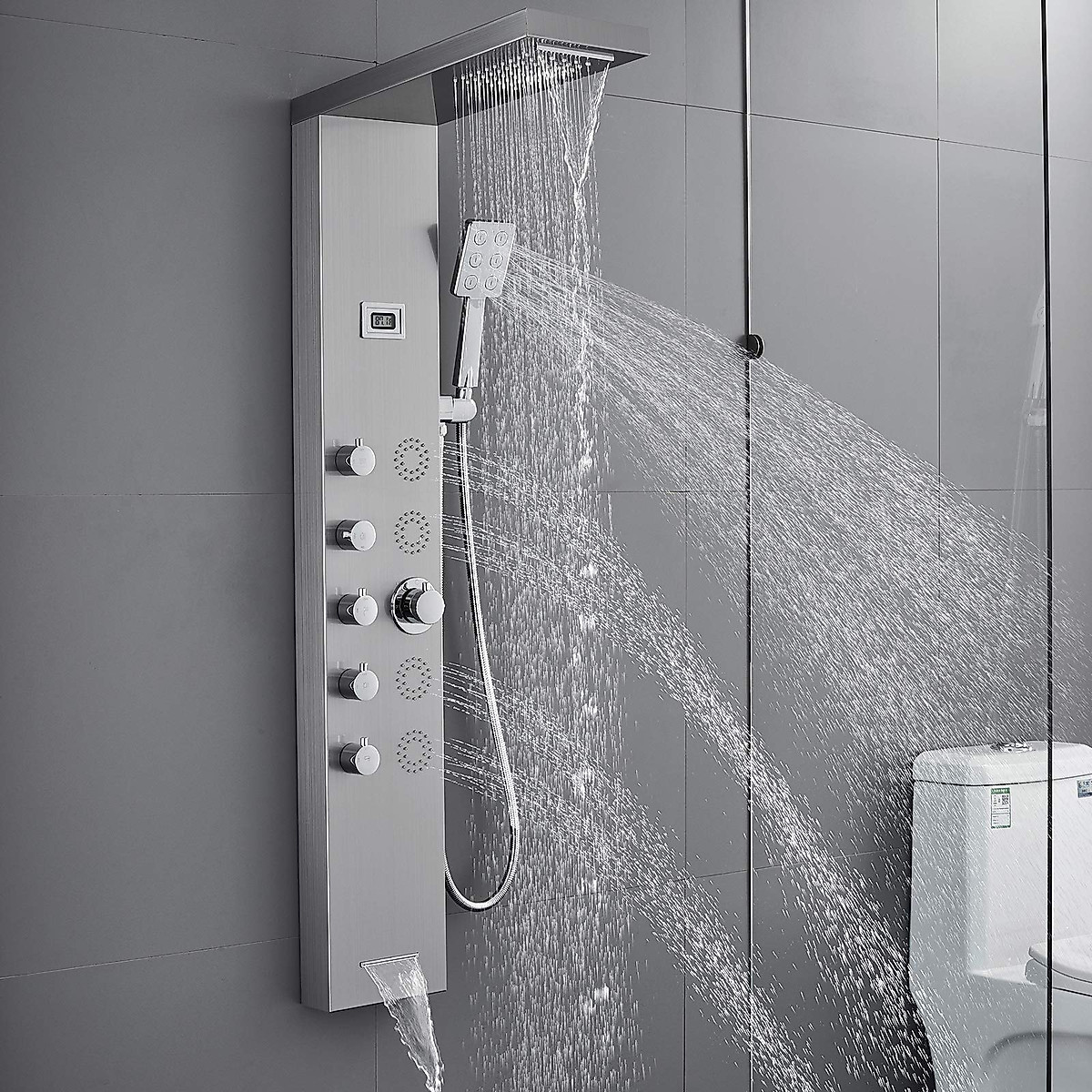 MENATT Shower Panel Tower System, SUS304 Stainless Steel 5-IN-1 Shower Column with 4 Body Massage Jets, Rainfall & Waterfall Shower, Handheld Shower, Bathtub Spout