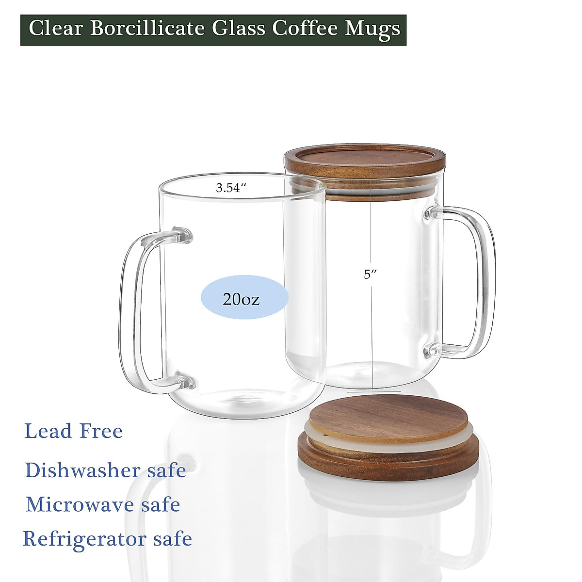 DRASTAR Glass Coffee Mugs, 20 oz Clear Coffee Cups with Acacia Wood Lid, Large Coffee Mug Set of 2, Tea Glass Cups with Handles, Glass Coffee Cups for Latte, Espresso, Tea