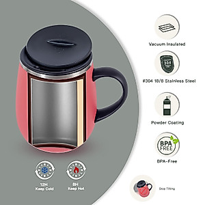 Ideus 16 oz Insulated Coffee Mug with Handle and Lid, Double Wall Stainless Steel Vacuum Insulated Tumbler Cup, Travel Coffee Cup Thermal Cup for Home and Office, Jellyfish Red