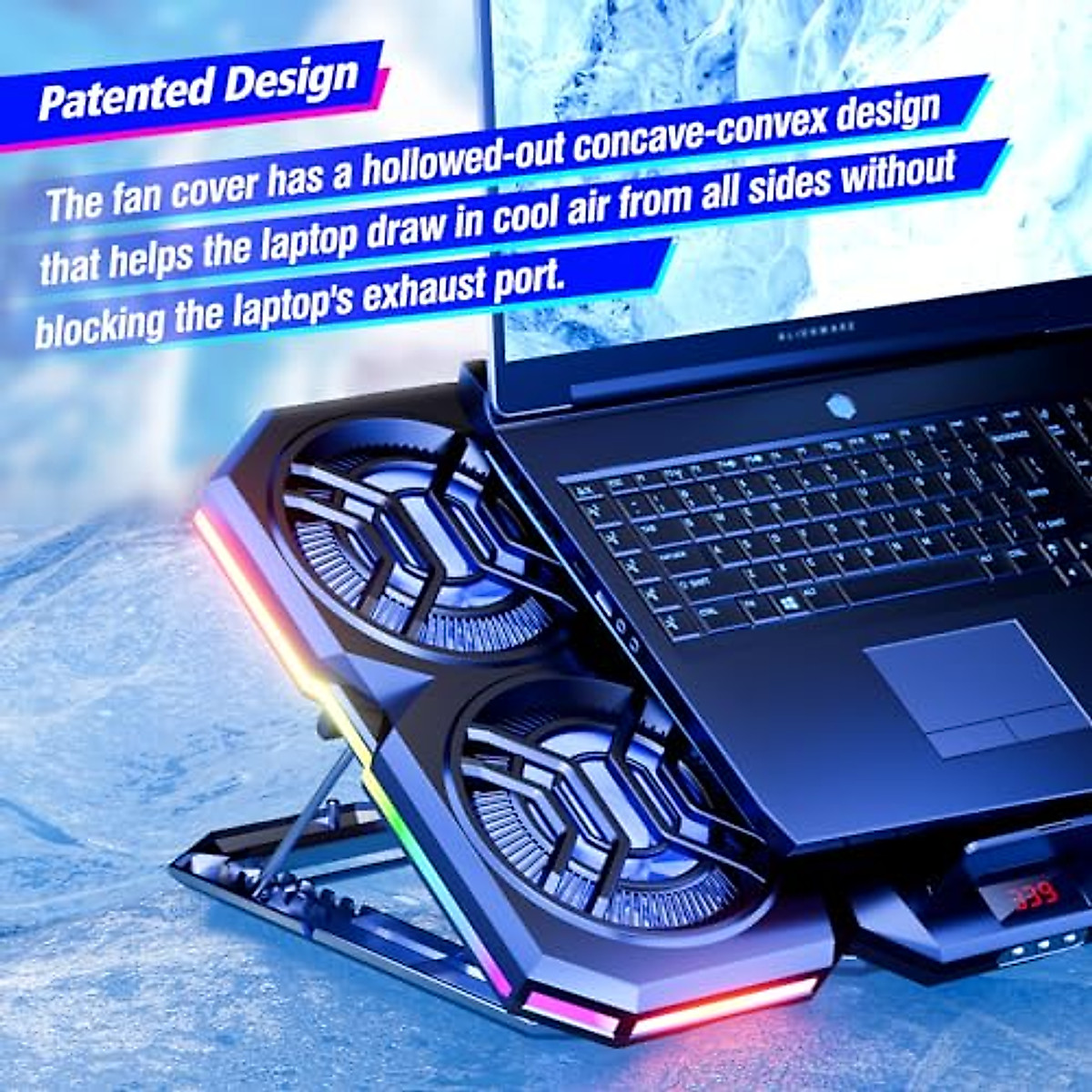 Gaming Laptop Cooling Pad,Large Size Laptop Cooler for 15"-21" Gaming Laptop with Silent Cooling Fans, RGB Lights, Laptop Cooling Stand with 5 Adjustable Heights, (Black with 18W Charger)