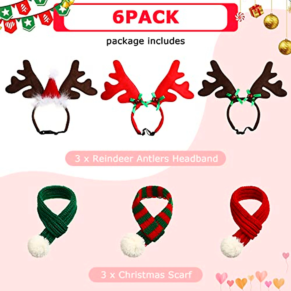 6 Pcs Christmas Dog Costume Set, 3 Christmas Dog Elk Reindeer Antlers Headbands and 3 Dog Christmas Scarfs Xmas Pet Dog Reindeer Costume Accessories for Dogs