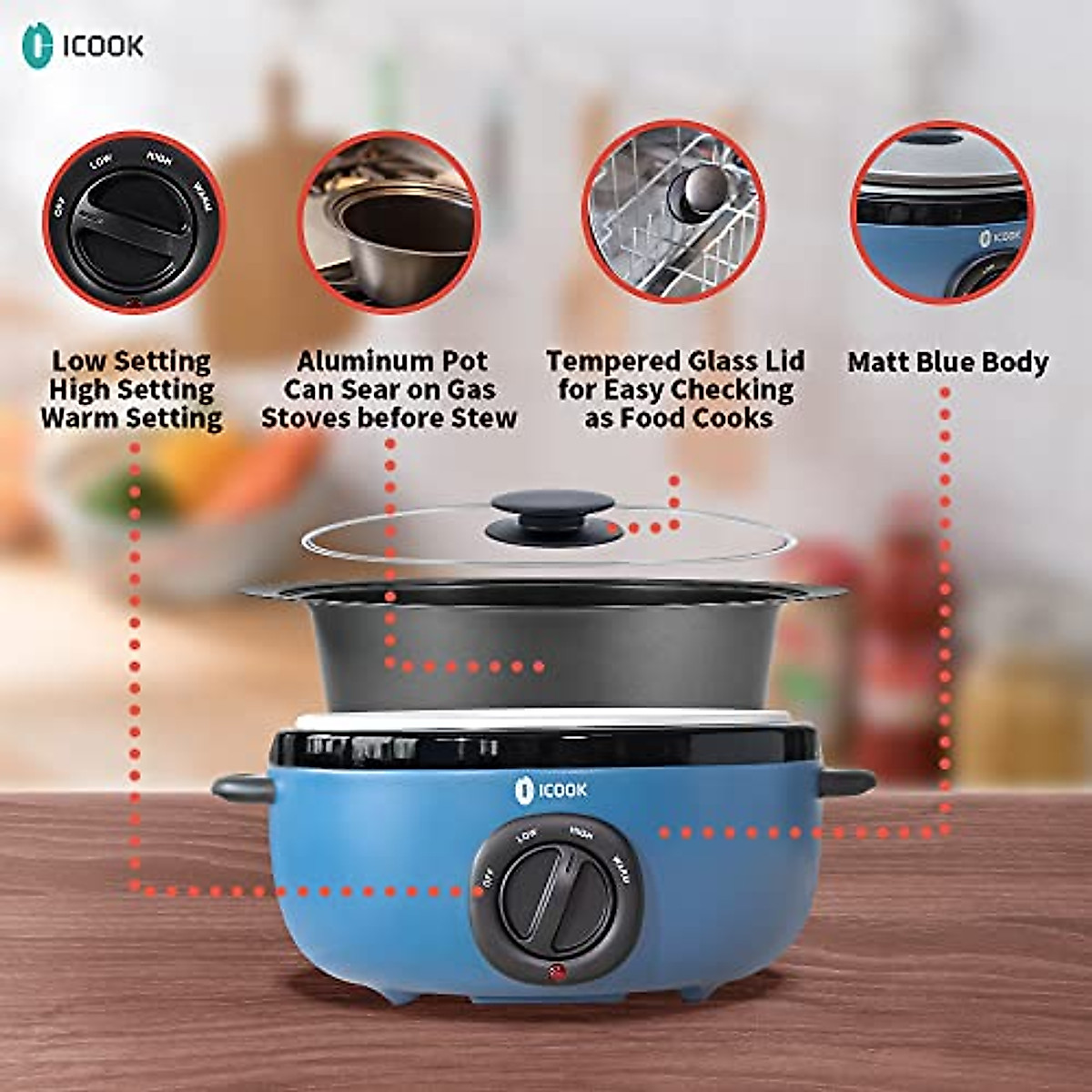 ICOOK USC-35-OP001BL 3.5 Quart Slow Cooker ,Aluminium Sear/Sauté Stew Pot Stovetop safe,Dishwasher Safe,Glass Lid,Adjustable Temp,Food Warmer,Blue