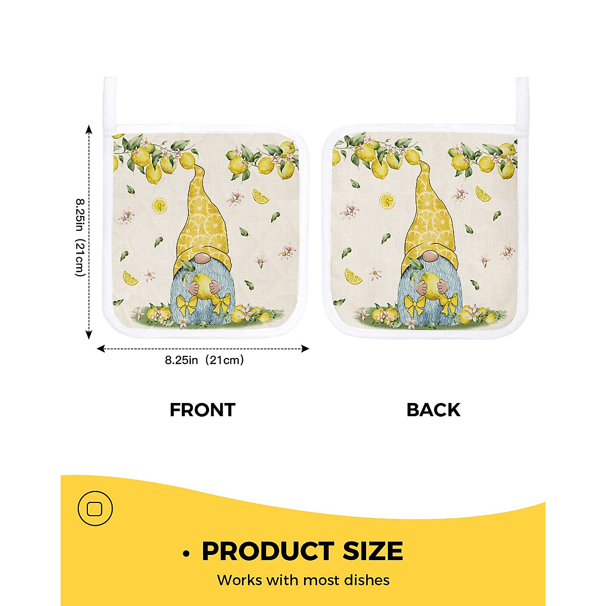 Pot Holder Set of 2 Vintage Farm Gnomes Rural Lemon Green Leaf Potholder Heat Proof Non-Slip Pot Holders,Retro Linen Hot Pads Potholders for Kitchen Cooking Baking BBQ