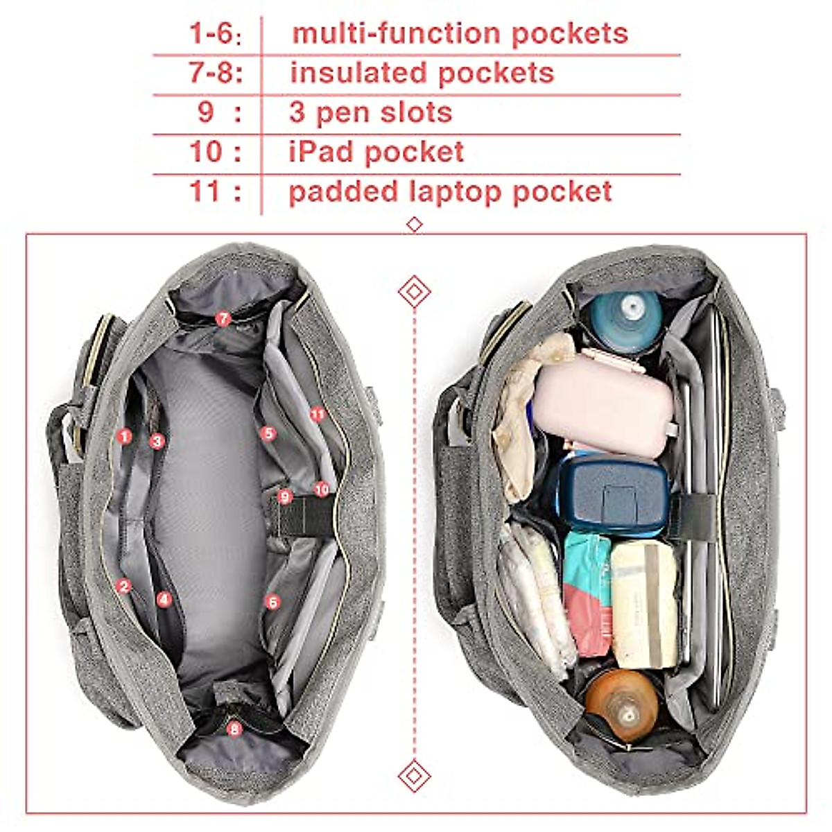 Rabjen Diaper Bag Tote, Travel Multifunction Baby Bag with Insulated Pockets Padded Sleeve for up to 15.7’’ Laptop