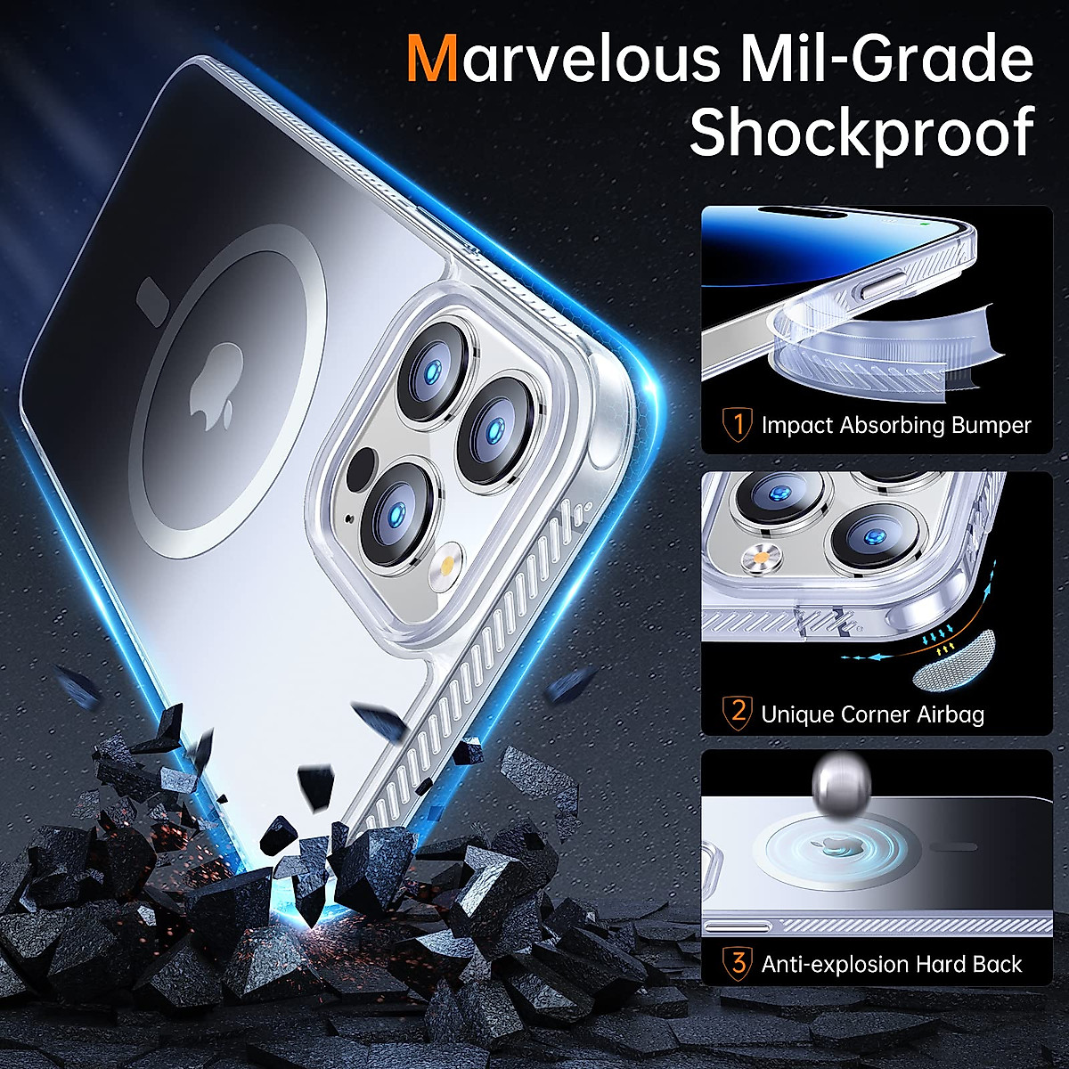 JUESHITUO Magnetic Defender Bicolor iPhone 14 Pro Max Case[Military Grade Protection] [Super Strong Magnets] Translucent Matte Case for iPhone 14 Pro Max Phone Case(6.7") (Clear to Black)