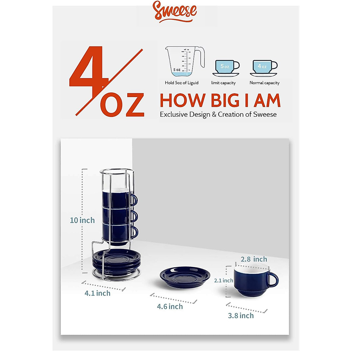 Sweese 4 Ounce Porcelain Stackable Espresso Cups with Saucers and Metal Stand Set of 4, Navy