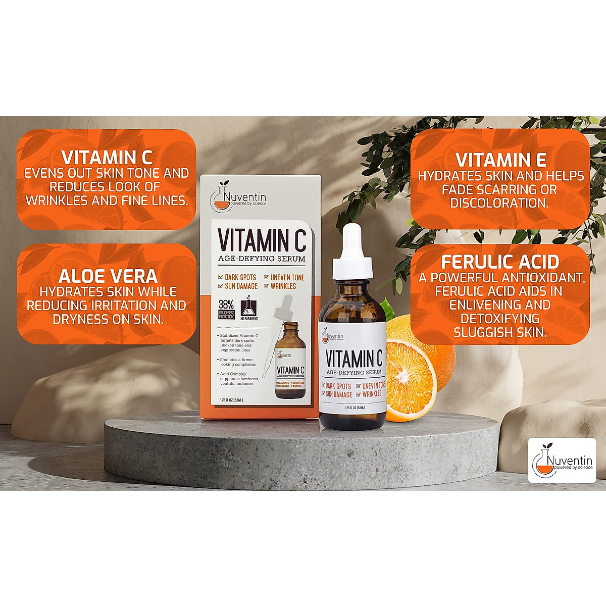 Nuventin Pure Vitamin C Facial Serum Skin Care Anti-Aging Moisturizer Vitamin C Face Booster W/Antioxidants For Dry Skin, Age Spots, Sun Damaged Skin, Wrinkle Repair, & Uneven Skin Tone, 1.75 Fl Oz