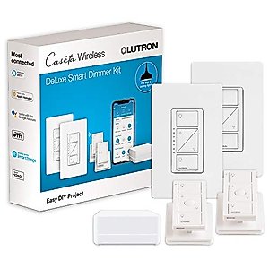 Lutron Caseta Deluxe Smart Dimmer Switch (2 Count) Kit with Caseta Smart Hub | Works with Alexa, Apple Home, Ring, Google Assistant | P-BDG-PKG2W | White