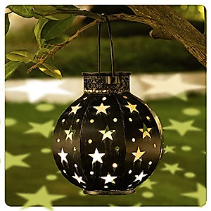 BEAU JARDIN 4 Pack Hanging Solar Lanterns Stars Lights Metal Waterproof Outdoor Retro Warm White LED Auto On/Off Landscape Decorative for Table Patio Garden Decor Decoration Black BG422
