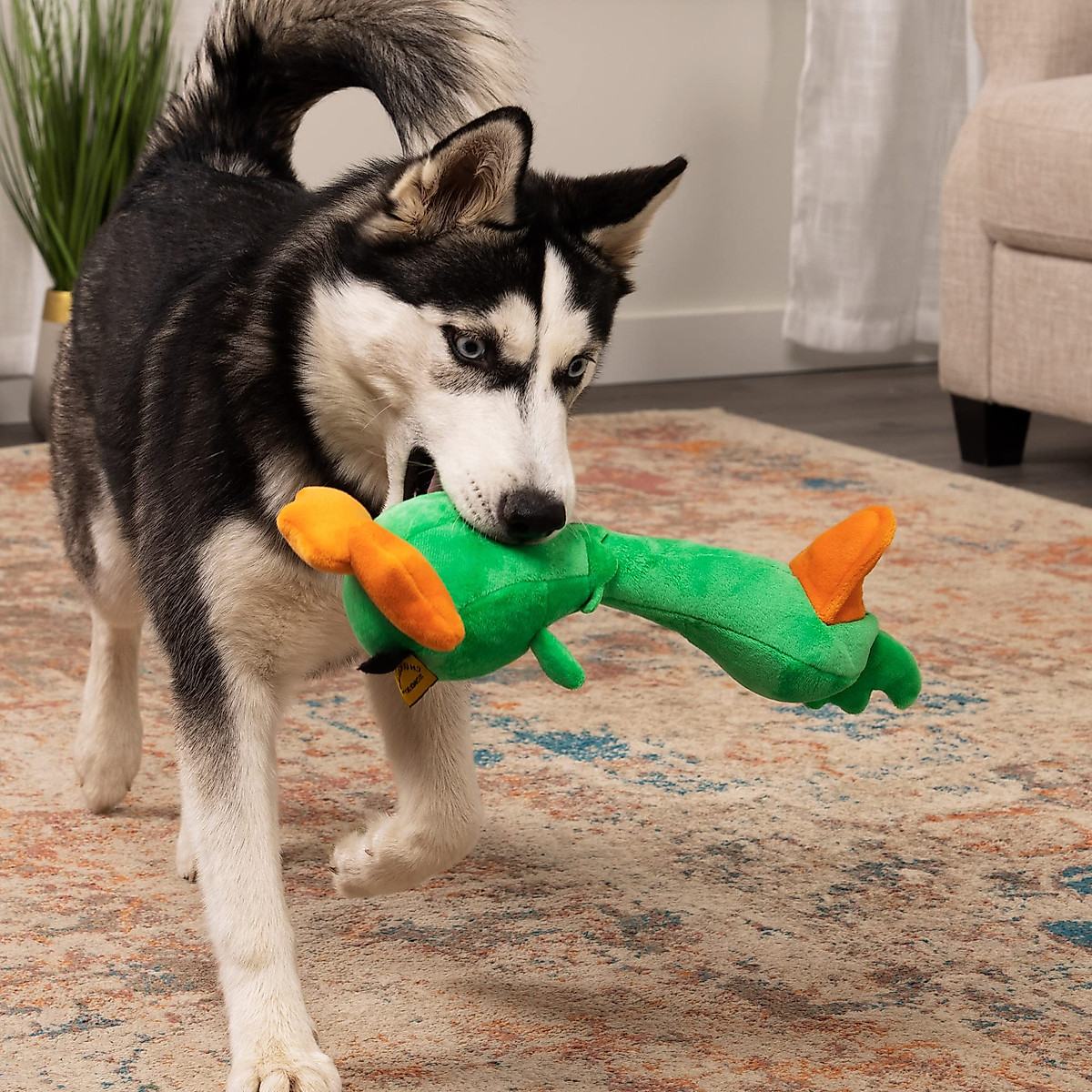 TrustyPup Tough 'N Fun Long Neck Duck Squeaky Plush Dog Toy, Chew Guard Technology - Green, Large