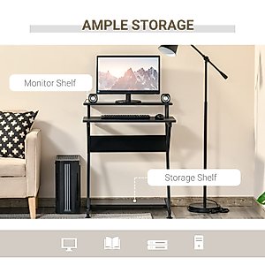 HOMCOM Industrial Computer Desk with Monitor Shelf, R Shaped Writing Table for Home Office, Black