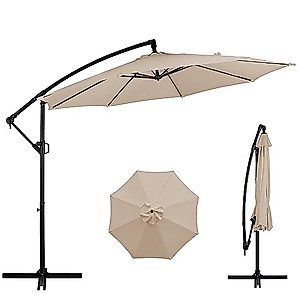 Shintenchi Patio Offset Umbrella w/Easy Tilt Adjustment,Crank and Cross Base, Outdoor Cantilever Hanging Umbrella with 8 Ribs, 95% UV protection and Waterproof Canopy, Khaki