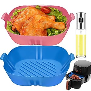 Air Fryer Silicone Liners Square - 8 Inch Reusable Silicone Air Fryer Liners 2 Pack with Oil Sprayer for Cooking Food Safe for 4 to 7 Qt Air Fryer Basket Oven Accessories