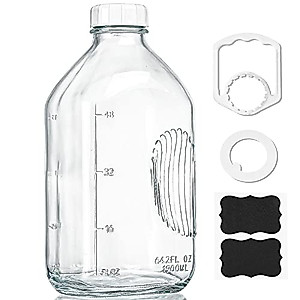 64 Oz Heavy Duty Glass Milk Bottle with Reusable Airtight Strong SCREW LID - 1/2 Gal Glass Water Bottles with 2 Exact Scale Lines - 2 Qt Glass Milk Jug Pitcher - Extra Free Silicone Ring & Handle!