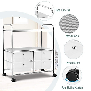 RELAX4LIFE Storage Cart W/Four Drawers, Wheels and Two Shelves, Stable Steel Frame Craft Cart for Office,Home, Make Up Storage and Files Arrangement Storage Cart Organizer (Clear)
