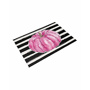 Outdoor Rug 4' x 6', Thanksgiving Fall Large Area Rugs for Patio/RV/Deck/Porch/Indoors, Black and White Striped Pink Pumpkin Water Absorption Camping Rug Carpet, Lightweight Washable Rug Runners