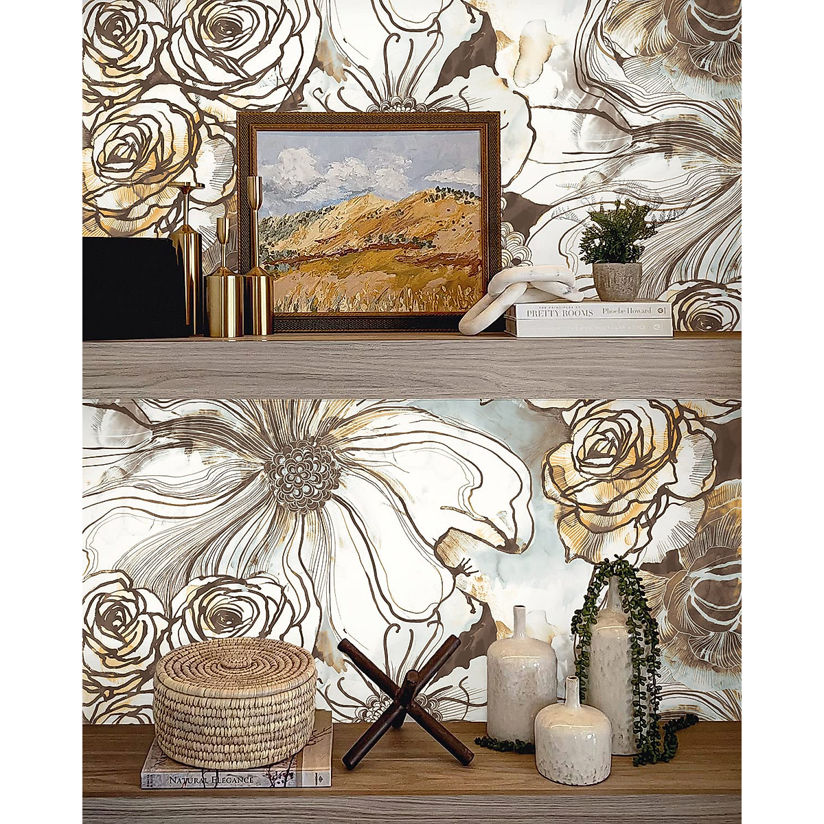 NextWall Harry & Grace Ink Rose Abstract Floral Peel and Stick Wallpaper (Mocha & Blue Mist)