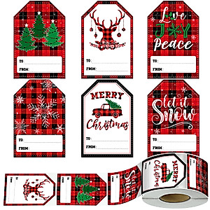 480 Pcs Christmas Gift Tag Stickers Self Adhesive Christmas Name Labels Buffalo Plaid Present Stickers Labels Xmas to and from Tag for Holiday Present Box Gift Wrapping Supplies(Classic Pattern)