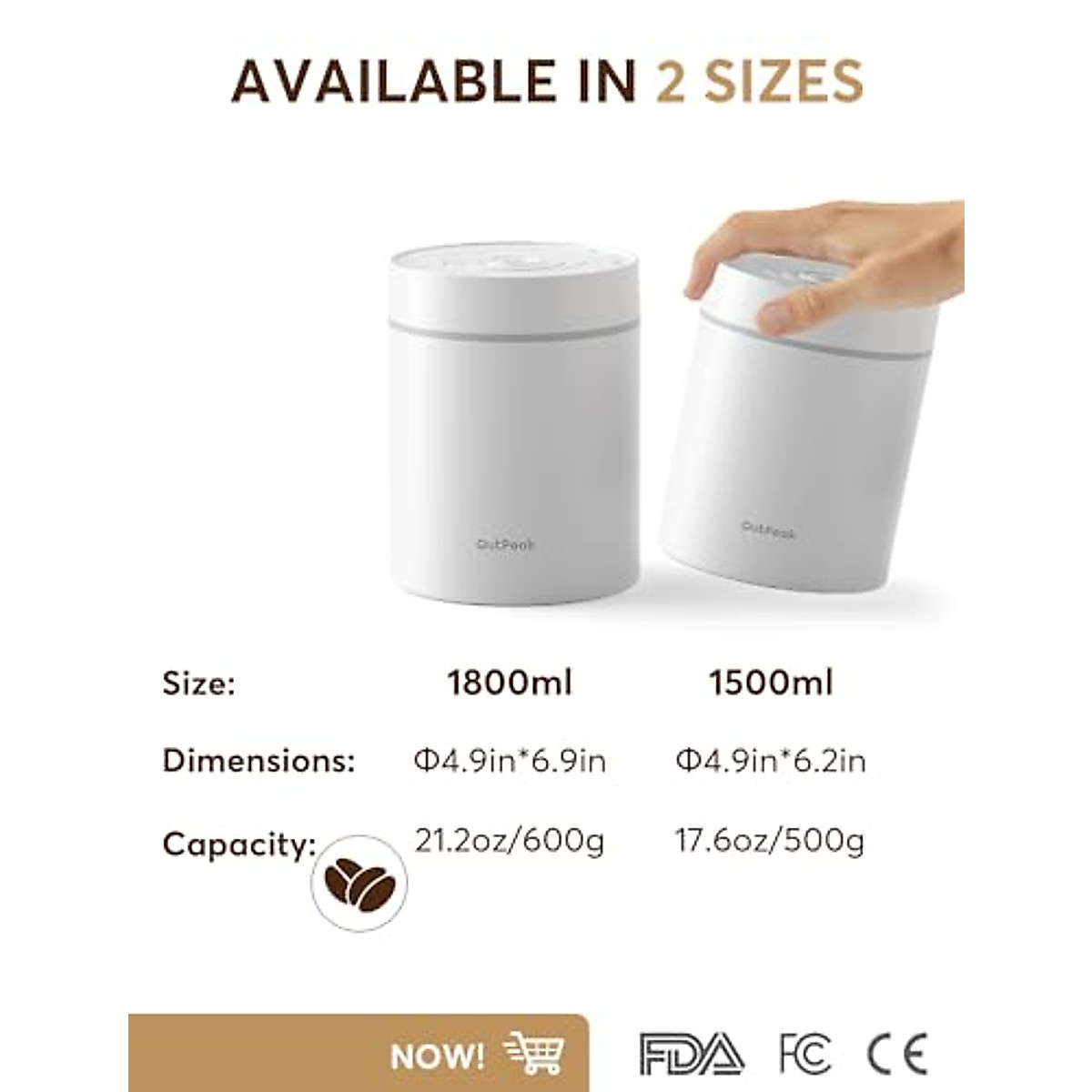 OUTPEAK Neo 2025 Kilo Auto Vacuum Coffee Canister, 1.5L Capacity for 17.6oz of Coffee Beans, One-Button Operation, Stainless Steel Coffee Storage Container for Barista, Gifting (Large, Pearl White)