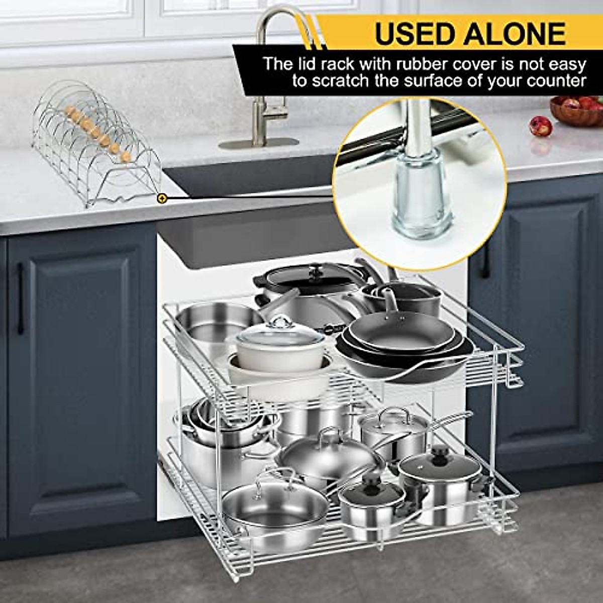 FULGENTE Pull Out Cabinet Organizer for Lid Cookware 20" W x 21" D 2 Tier Slide Out Kitchen Cabinet Shelves for Pots Pans Organizer Rack Organizador De Ollas y Sartenes Wire Frame Chrome Finish