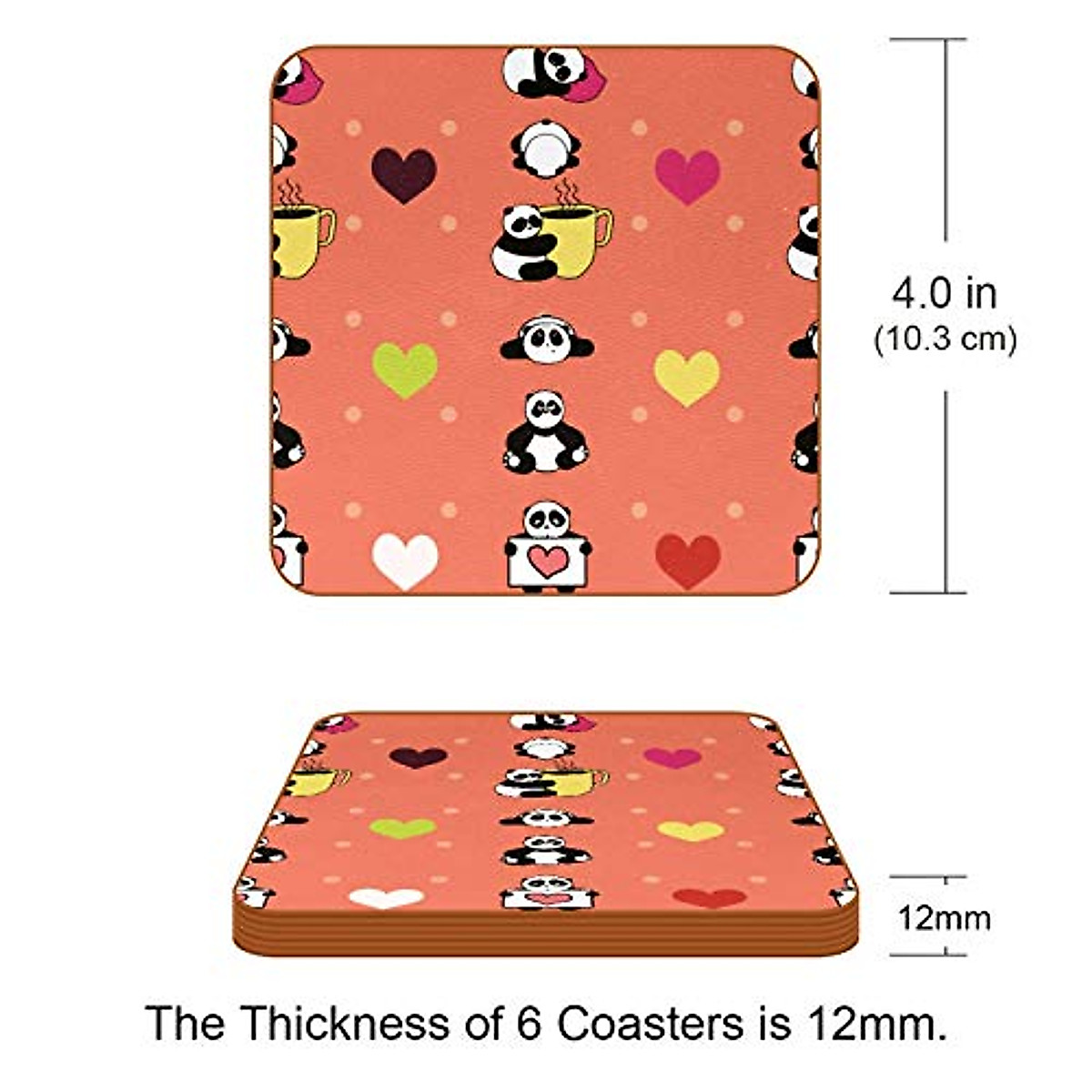 Funny Sleepy Panda Coffee and Hearts Pattern Coasters for Drinks, Set of 6, Coasters for Coffee Mugs Cups Beer Wine Bottle Cocktail Desk Prevent Furniture from Dirty and Scratched