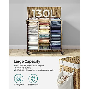SONGMICS Laundry Hamper with Lid, 37 Gallon (140L), Rolling Laundry Basket with Wheels, 3-Section Synthetic Rattan Laundry Hamper, Removable Liner, Bedroom, 26x13x26 Inches, Natural ULCB363N01