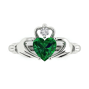 1.55 Carat Heart cut Custom Engraving Irish Celtic Accent faux Green Emerald Engagement Everlasting Ring 14k White Gold 7