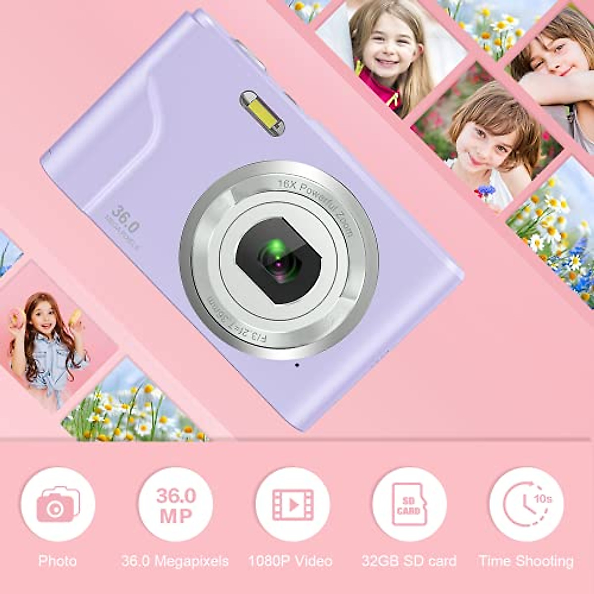 Digital Camera for Kids Boys and Girls - 36MP Children's Camera with 32GB SD Card，Full HD 1080P Rechargeable Electronic Mini Camera for Students, Teens, Kids(Purple)