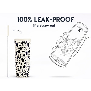 Meoky 24 oz Insulated Tumbler with Lid and Straw, Stainless Steel Vacuum Insulated Tumbler, Keeps Cold for 24 Hours, 100% Leak Proof, Fits in Car Cup Holder (Cow)
