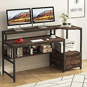 Tribesigns Computer Desk with Hutch and Storage Shelves, 63” Industrial Home Office Desk with Monitor Stand File Drawer Writing Table Workstation for Home Office (Rustic Brown)