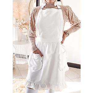 ModParty Apron for Women Ruffle Trim with Pockets Adjustable Straps Retro Kitchen Apron for Baking & Cooking (White)