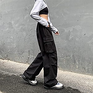 Linsennia Parachute Pants for Womens Wide Leg Cargo Pants Y2k with Pockets Baggy Casual Harajuku Streetwear Goth