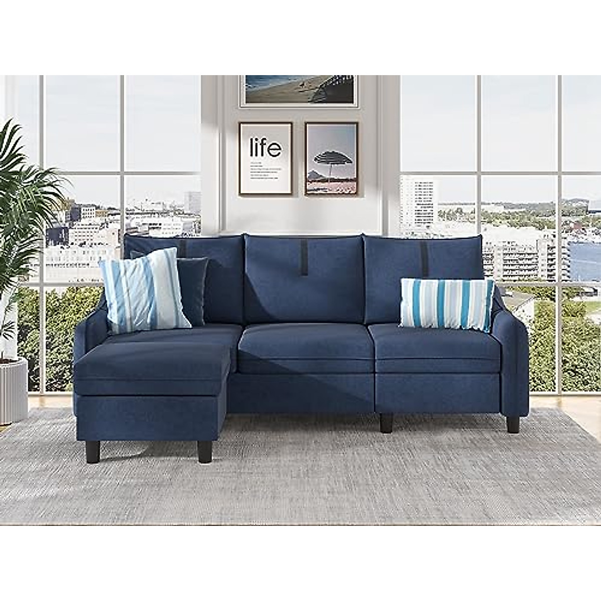 Pingliang Home 80" Sectional Sofas for Living Room, 3 Seat L Shaped Couch with Reversible Ottoman, Modern Linen Fabric Small Sectional Couch for Apartment Small Space, Navy Blue