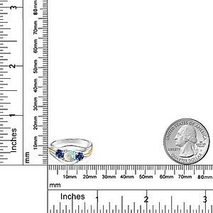 Gem Stone King 925 Sterling Silver and 10K Yellow Gold Round Cabochon White Opal and Blue Created Sapphire 3 Stone Ring For Women (1.00 Cttw, Available In Size 5, 6, 7, 8, 9)