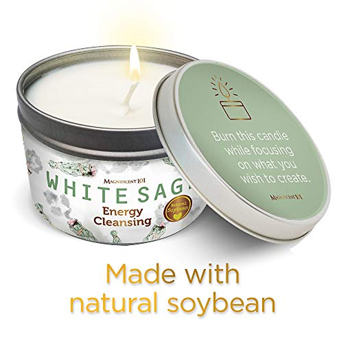 MAGNIFICENT 101 White Sage Smudge Candle for House Energy Cleansing, Banishes Negative Energy I Purification and Chakra Healing - Natural Soy Wax Tin Candle
