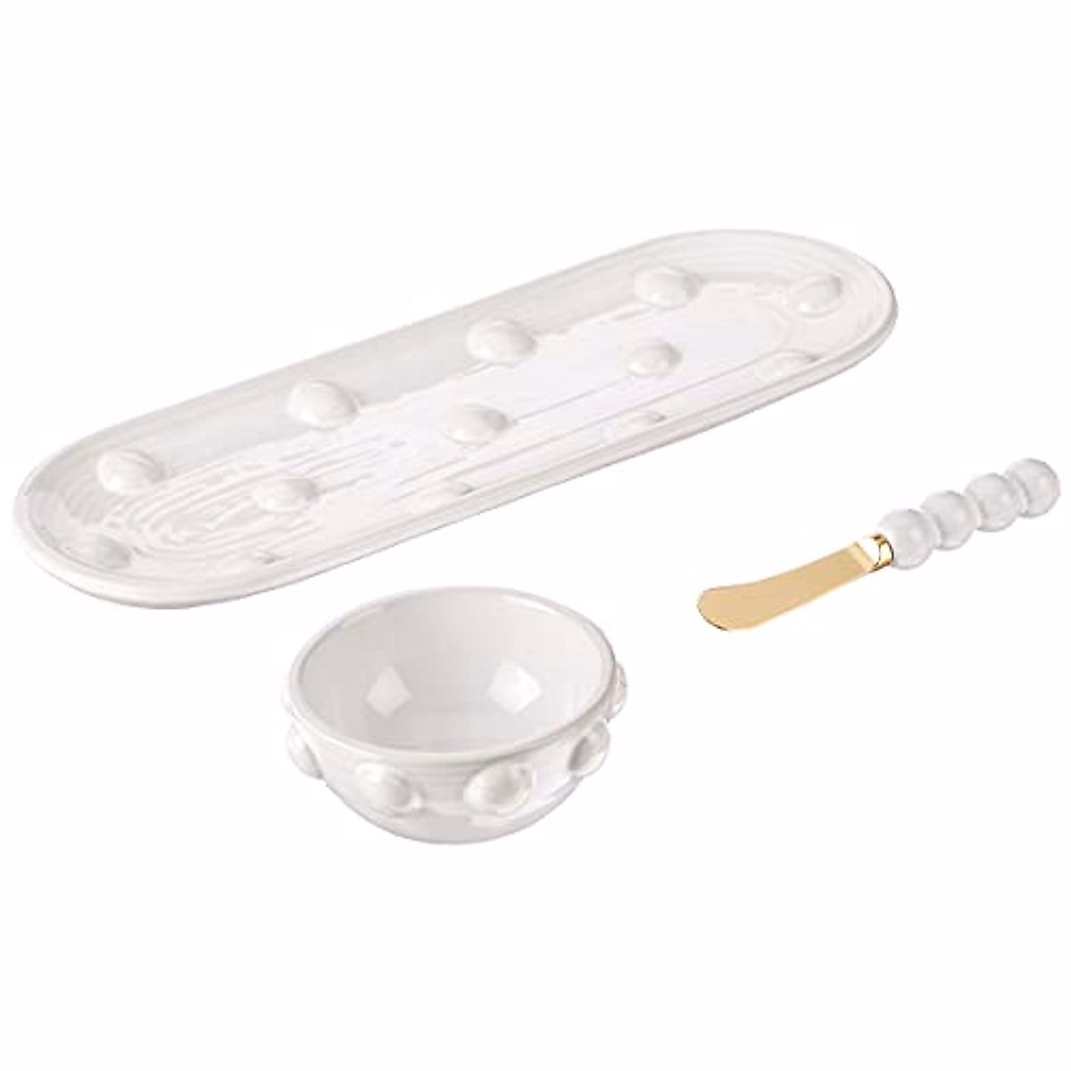Mud Pie Dotted Dip and Tray Set, Size 5" x 14" 2" x 4 1/4" Dia | Spreader 6 1/2", White