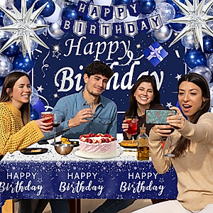 Navy Blue Birthday Decorations for Men Boys Women Girls, 80 PCS Blue and Silver Party Decorations, Happy Birthday Backdrop Banner Party Supplies Blue Silver Confetti Star Balloons Arch Tablecloth