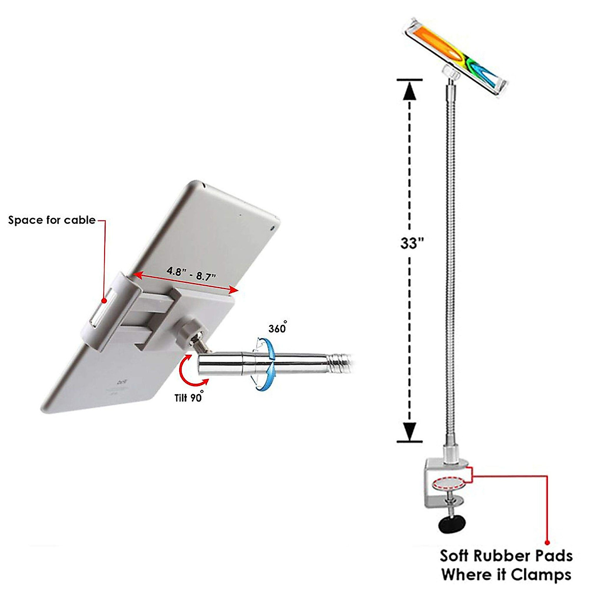 MagicHold 360 Degree Rotating Bed Tablet Mount Holder Stand Compatible with Ipad Pro 12.9 Inch,ipad Air,ipad Mini, Tablets,The Longest 33 Inch.Turns Any Angle (Silver Goose)